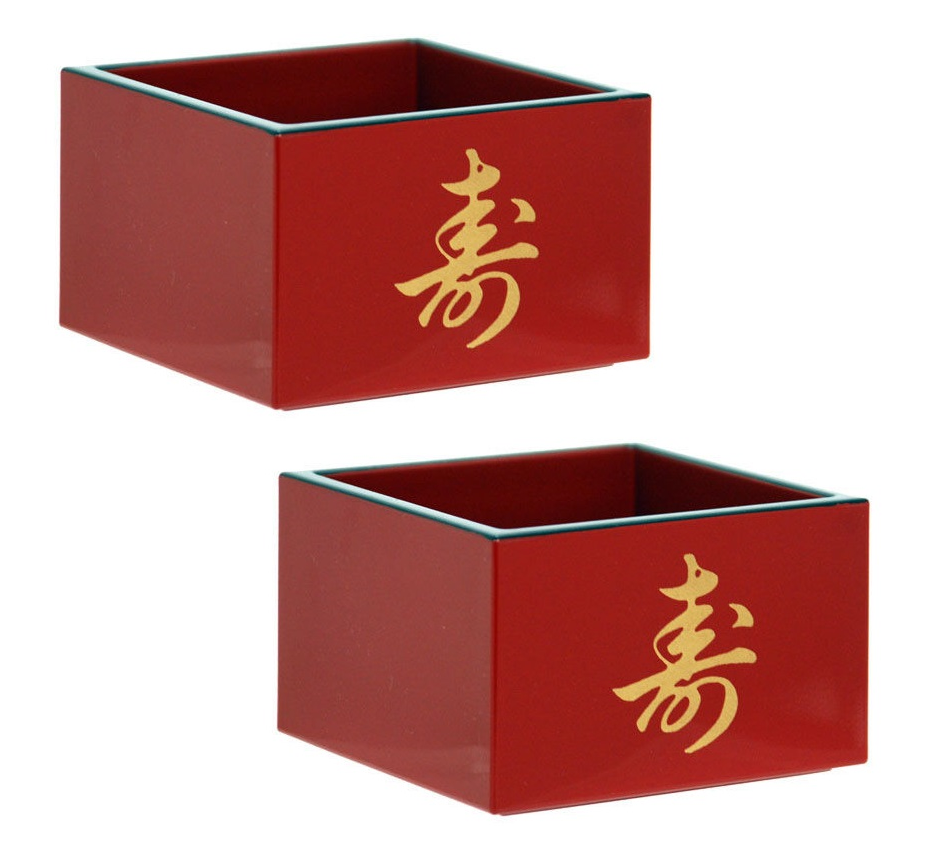 SET of 2 Japanese Masu Sake Cup 3-1/8” Square Red Lacquer Kotobuki Made ...