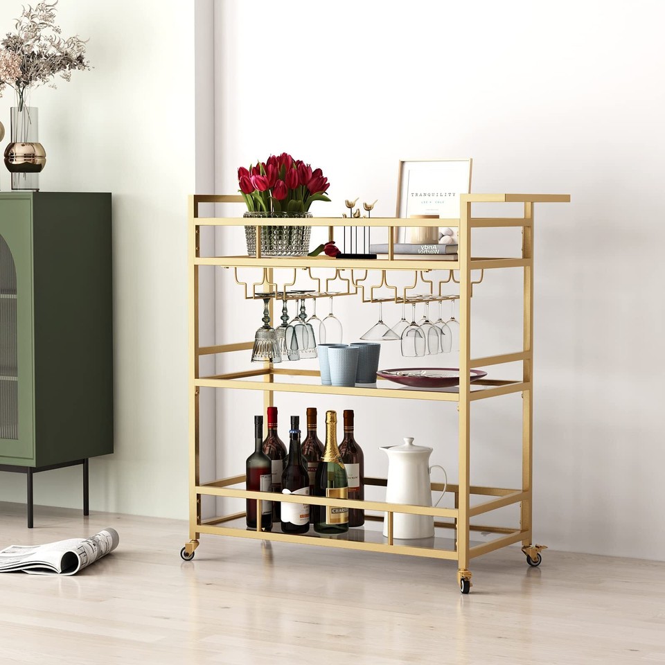 Gold Bar Carts With 3 Tier Glass Shelves Rolling Serving Bar Cart With Wine Rack | eBay