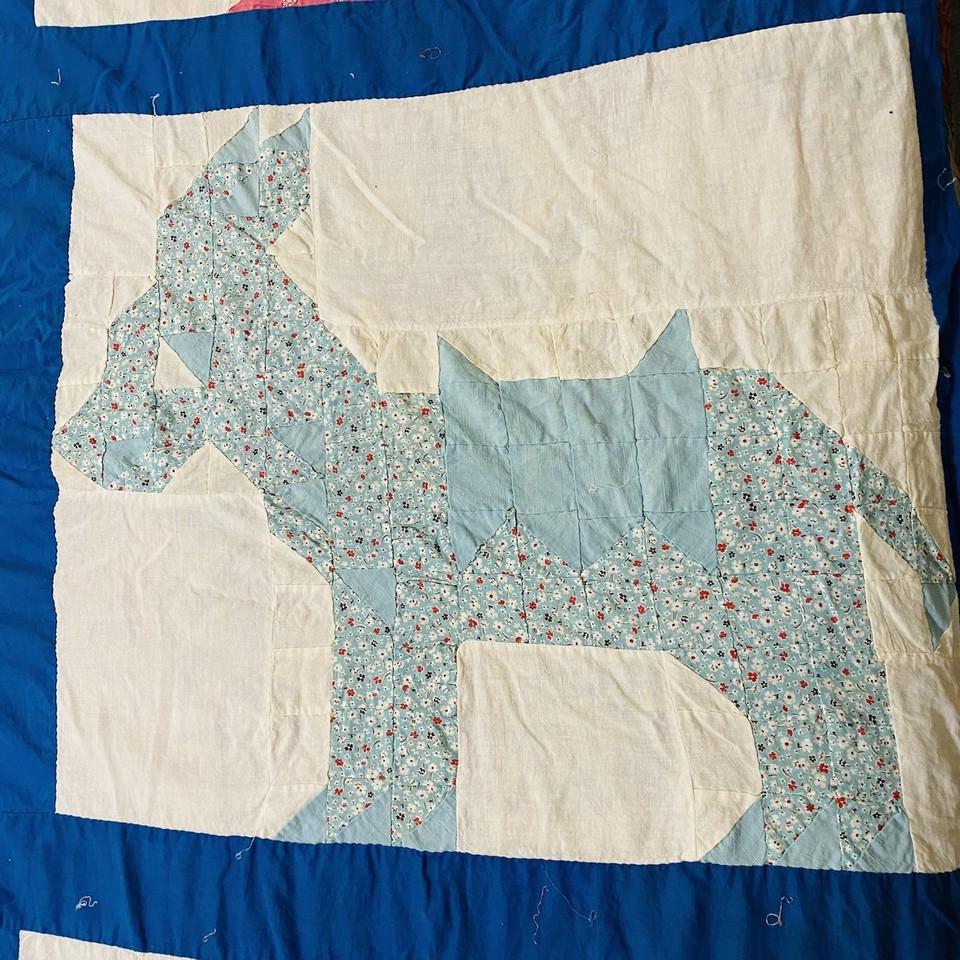 Vintage Unfinished DONKEY Giddap Quilt Top DAMAGED 80x75 Hand Stitched ...