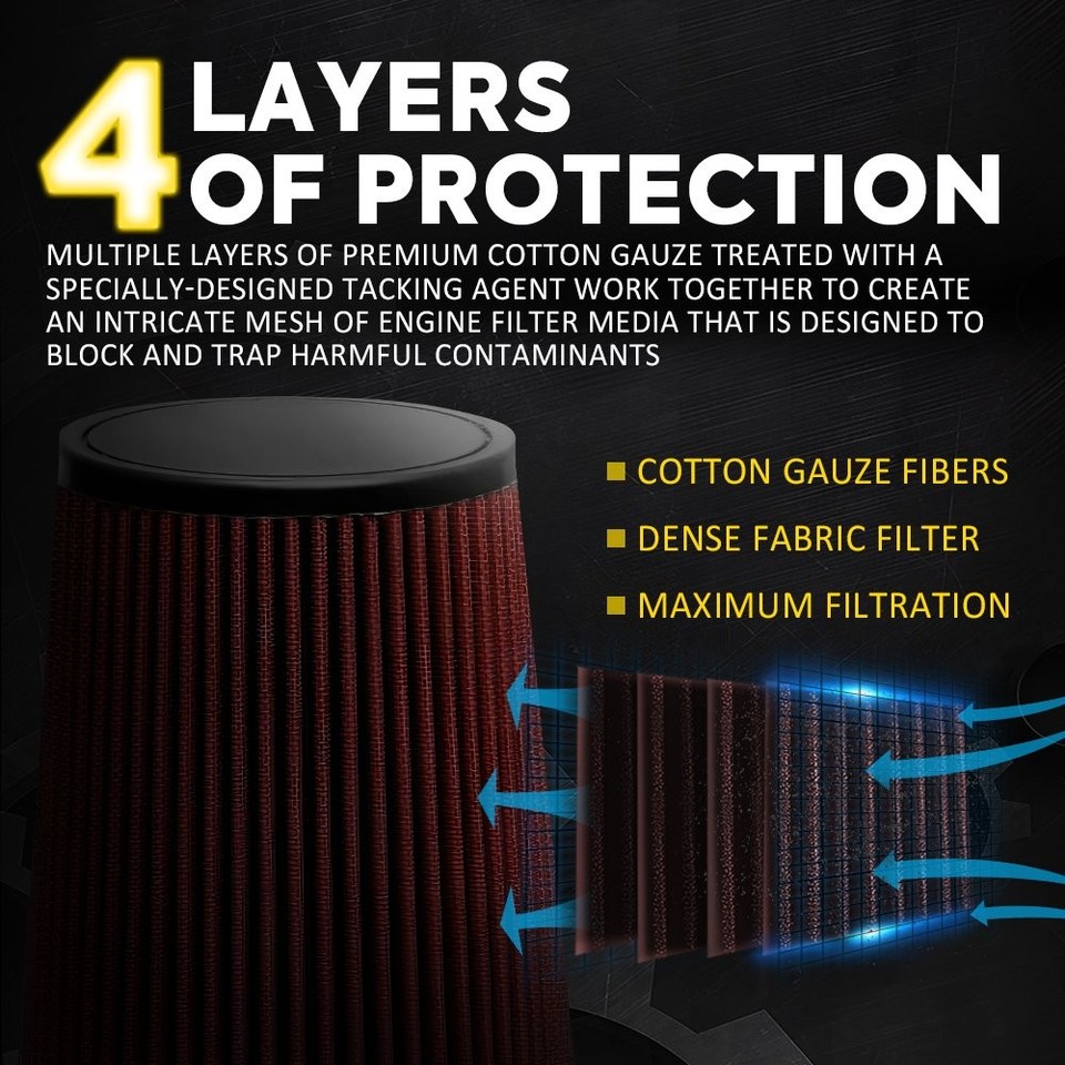 4" Red Truck Long Performance High Flow Cold Air Intake Cone Dry Filter ...