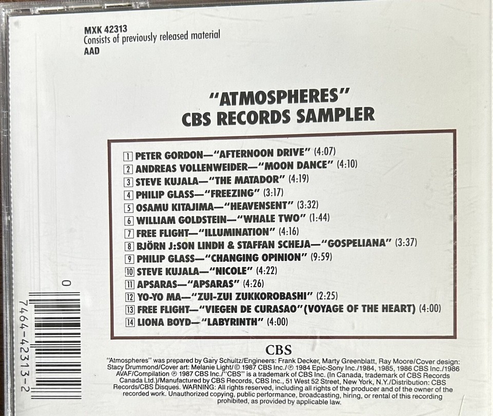 Atmospheres CBS Records Sampler Audio CD By Peter Gordon EXCELLENT AS1 ...
