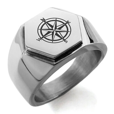 Stainless Steel Nautical Star Compass Symbol Mens Hexagon Crest Signet ...
