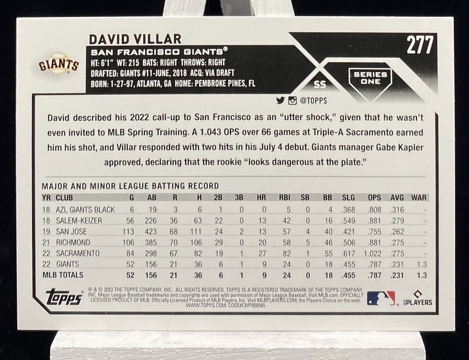 2023 Topps Series 1 David Villar Base Rookie RC #277 Giants A968 | eBay