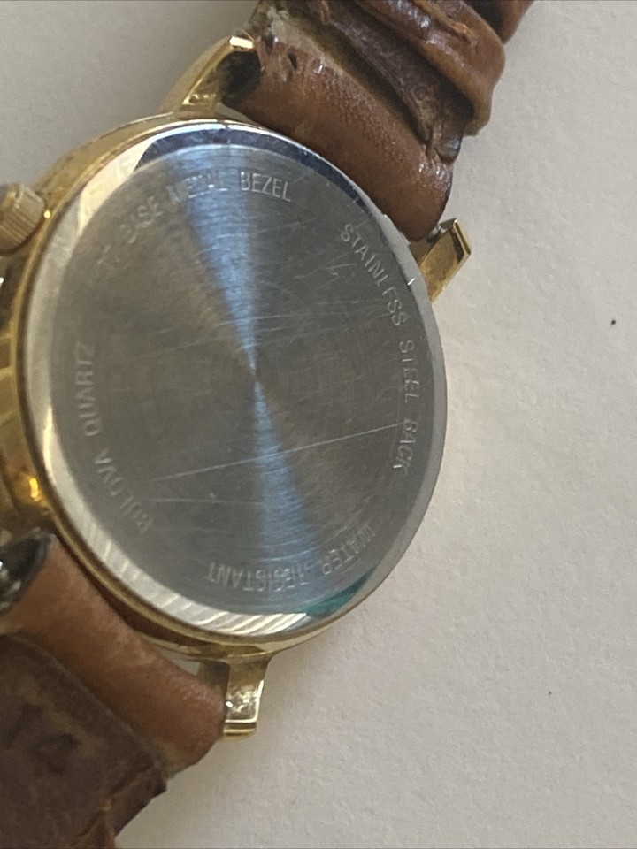 Vtg Bulova Quartz Watch Women Gold Tone Date Brown Leather Band Works ...