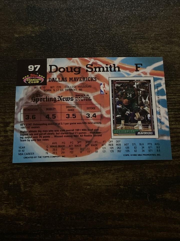 1992-93 Stadium Club Dallas Mavericks Basketball Card #97 Doug Smith ...