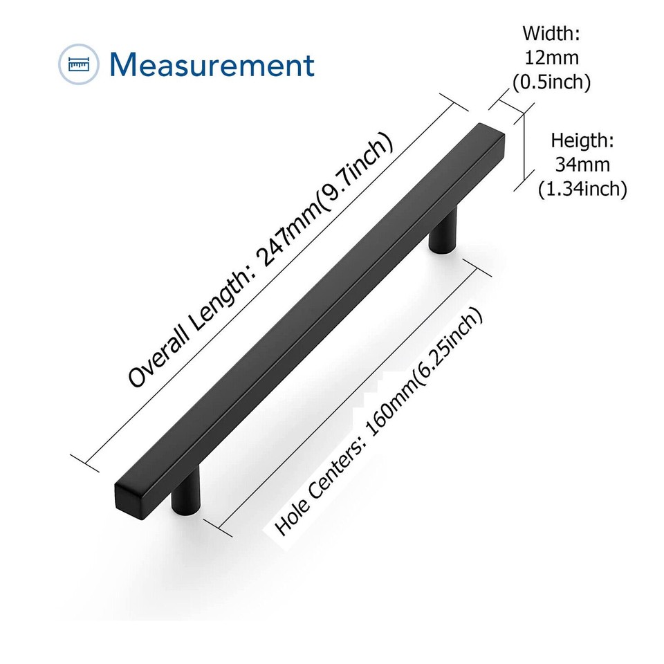 1-50X Modern Matte Black Square T Bar Handle Pull Kitchen/Bath Cabinet ...