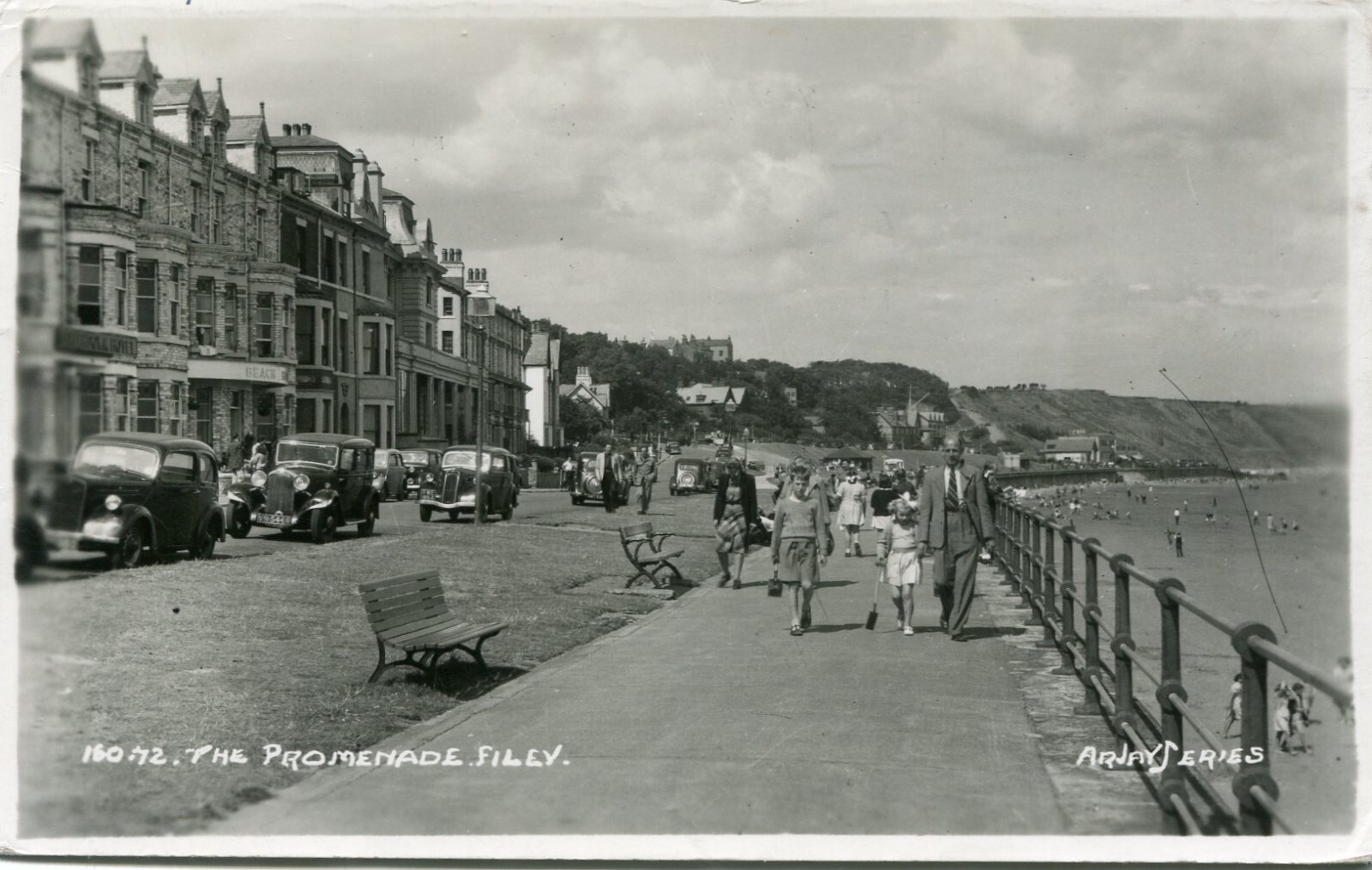 Lots of cars on the Promenade Filey, posted 1955real photo postcard D39 ...