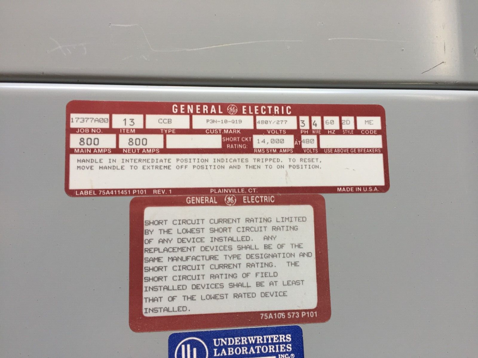GE 800 AMP 480 VOLT 3 PHASE 12 CIRCUIT MAIN LUG PANEL..P-805 | eBay