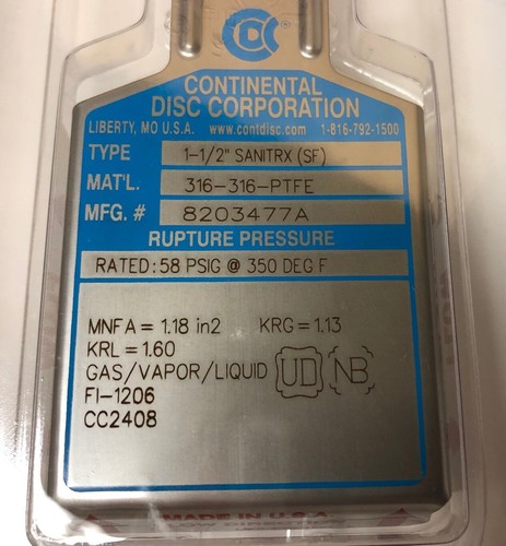 Continental Rupture Disc 1 1/2" SANITRX (SF), 58 psig @ 350 Deg. F, 316 ...