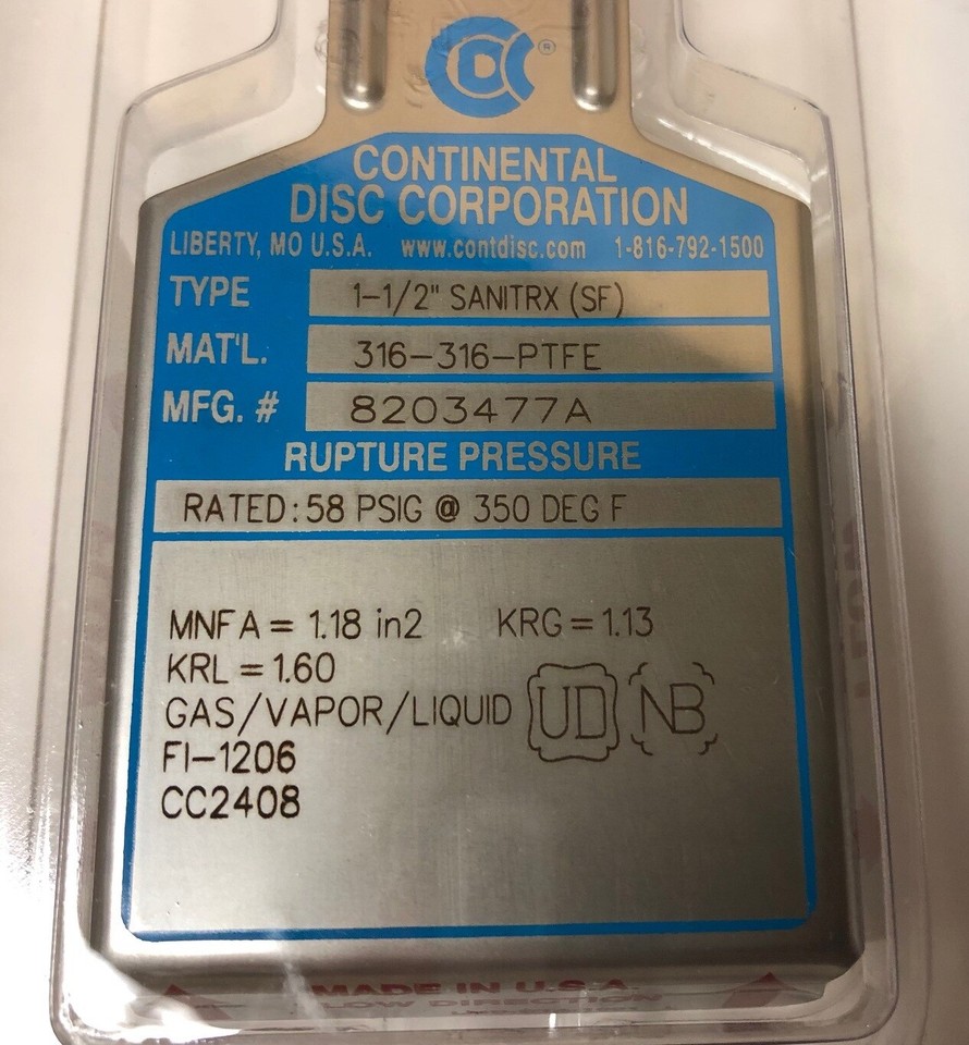 Continental Rupture Disc 1 1/2" SANITRX (SF), 58 psig @ 350 Deg. F, 316 ...