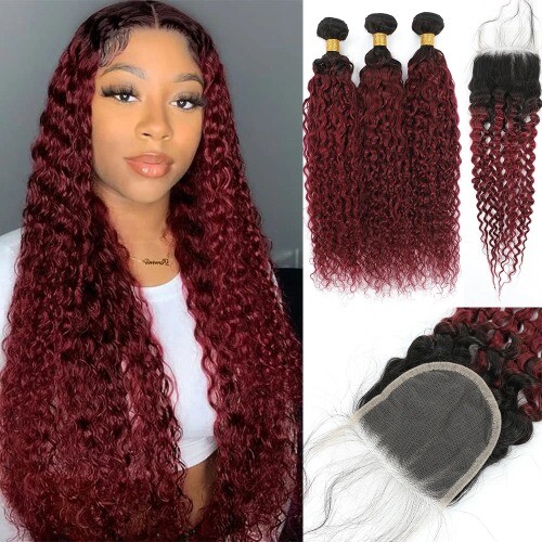 Red Burgundy Curly Human Hair Bundles With Closure HD Lace Closure And ...