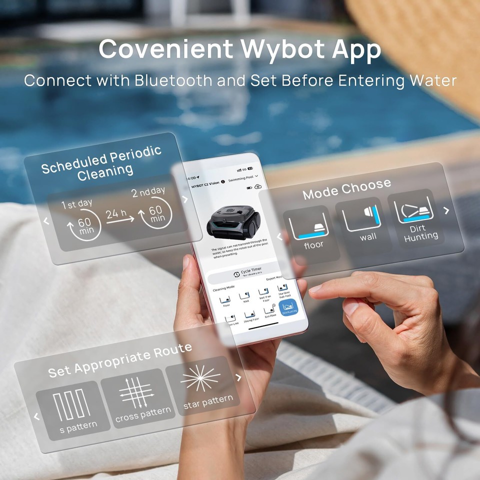 WYBOT C2 Vision AI Camera Cordless Robotic Pool Cleaner Wall Climb Pool ...