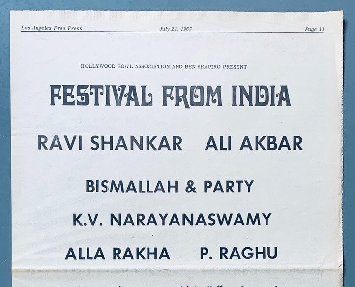 RAVI SHANKAR 1967 original POSTER ADVERT FESTIVAL FROM INDIA Hollywood ...