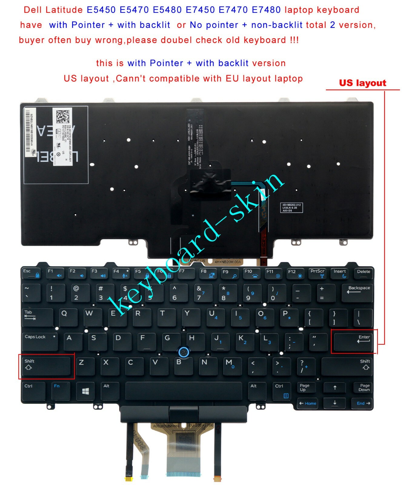 For Dell E5450 E5470 E7480 PK1313D4B00 SG-63020-XUA SN7230BL keyboard ...