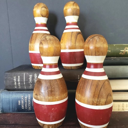Vintage Table Top Chubby Bowling Pins, Red and White Stripes 8 inches ...