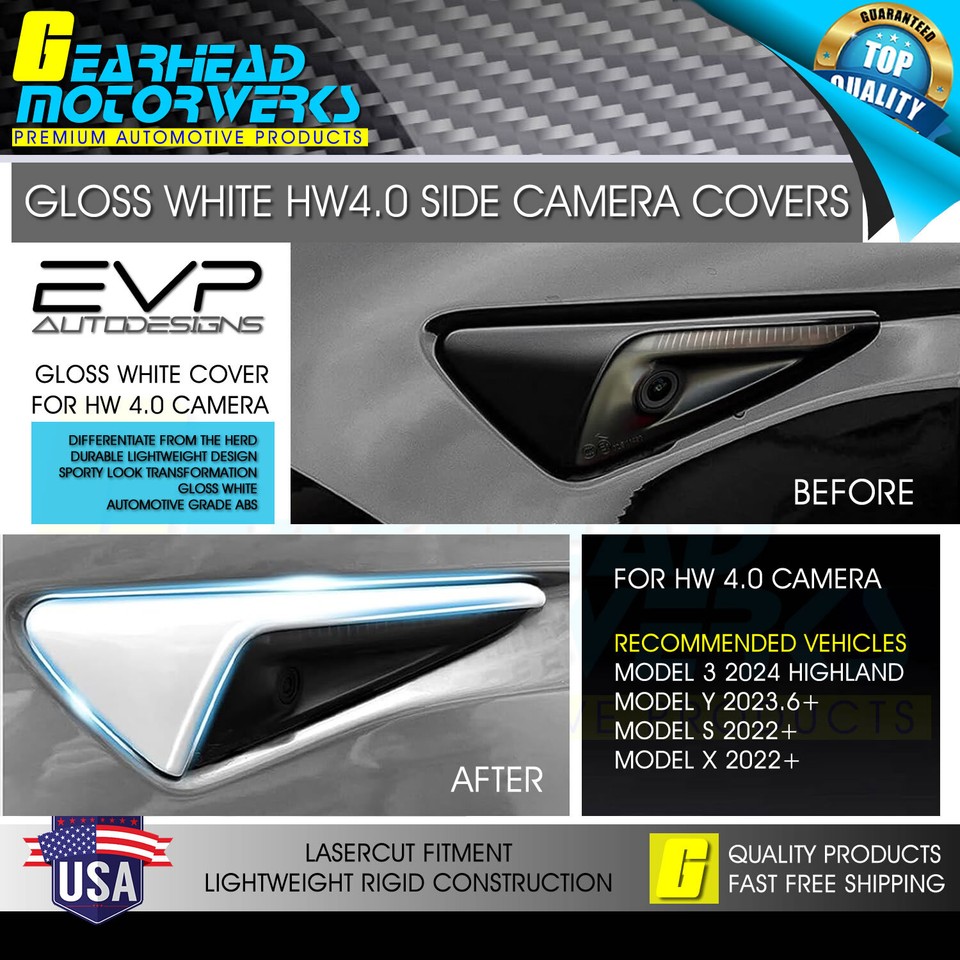 HW4.0 Gloss White Side Camera Trim Cover for Tesla Model 3 Y S X ...