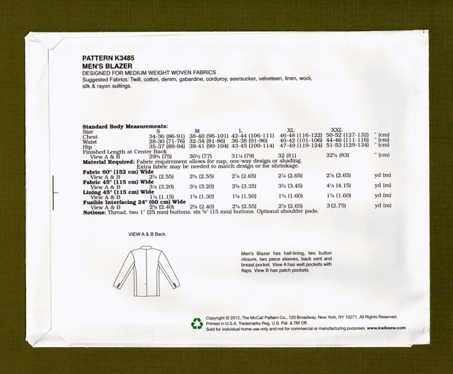 Kwik Sew Sewing Pattern Men's Blazer Size S - XXL K3485 for sale online ...