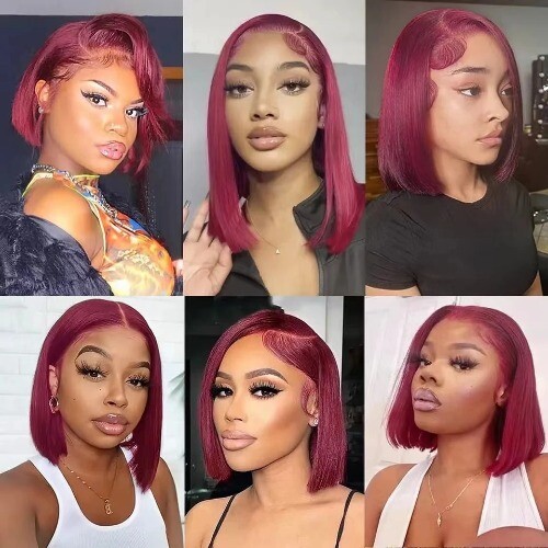 Short Bob Wig Human Hair Dark Red Burgundy Color 99J Full Frontal ...