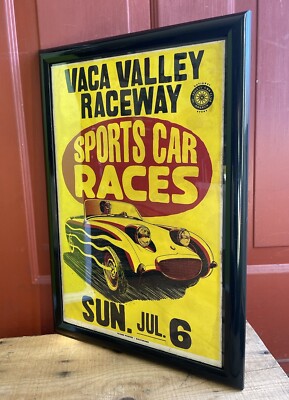 Framed 1950s/60s VACA VALLEY RACEWAY Sports Car Races Poster Sign Aston ...