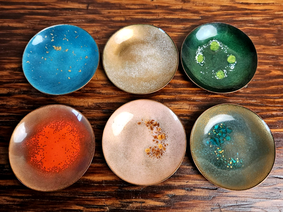 BOVANO OF CHESHIRE Conn. Set 6 MCM Enamel On Copper Butter Pat Trinket ...