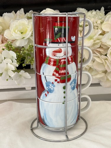 Pier 1 One Stacking Stackable Mugs Cups Set Of 4 Christmas Snowman ...