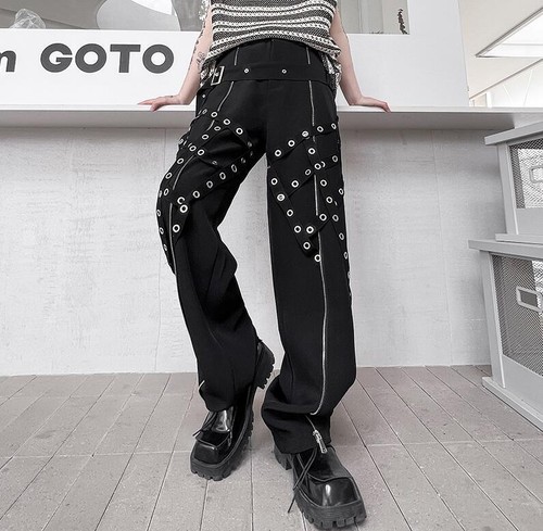 Hot Men's Fashion Punk Gothic Rivet Buckle Strap Black Trousers Party ...