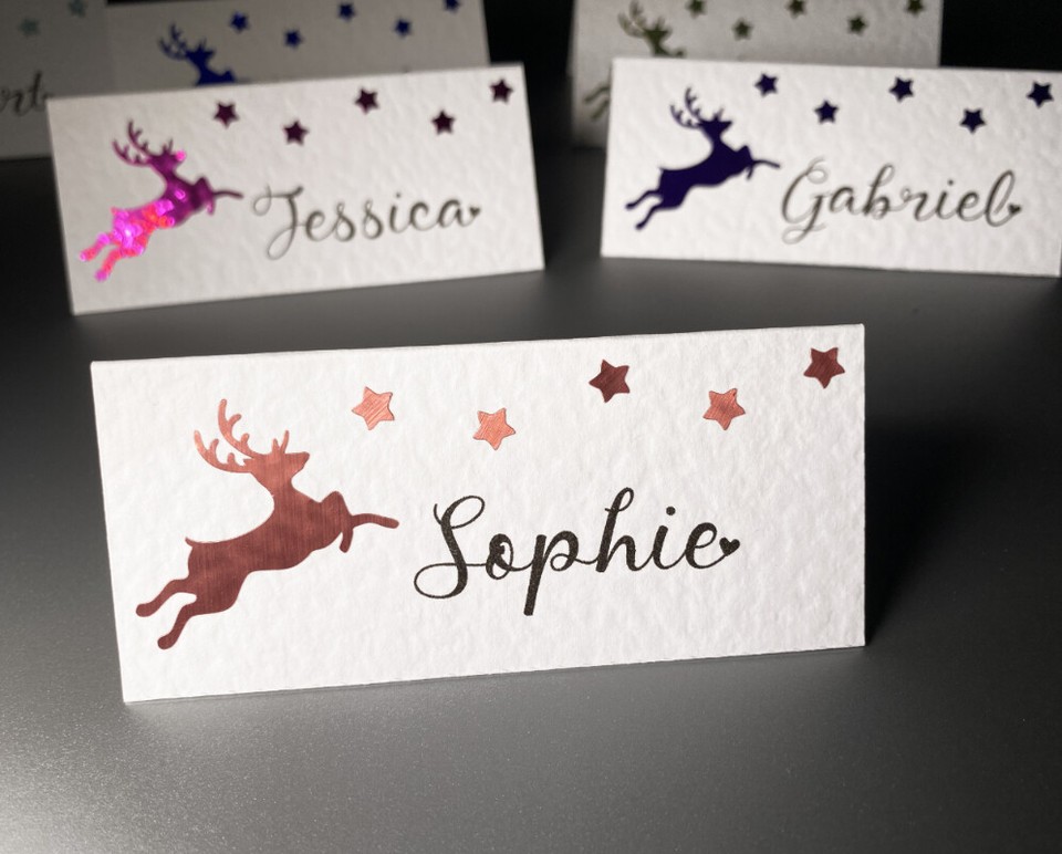 6 x personalised reindeer Christmas table NAME place CARDS setting ...