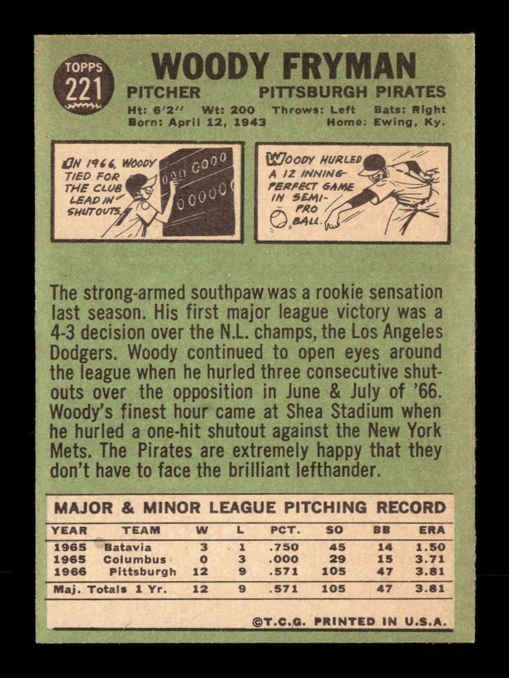 1967 Topps #221 Woody Fryman Pittsburgh Pirates All-Star Rookie EX-MT+ ...