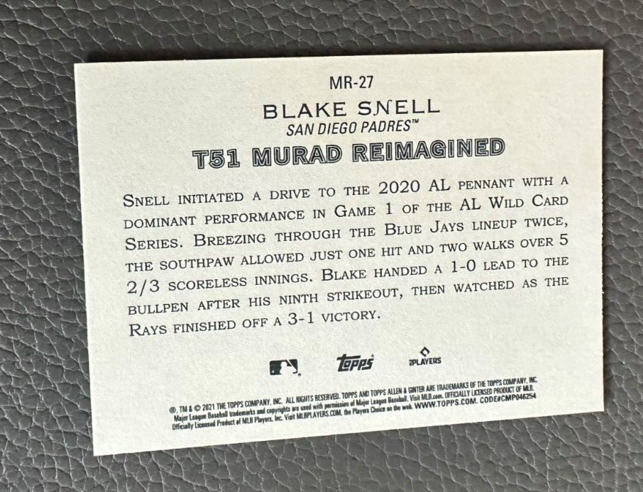 2021 Topps Allen & Ginter Blake Snell Murad #MR-27 San Diego Padres | eBay