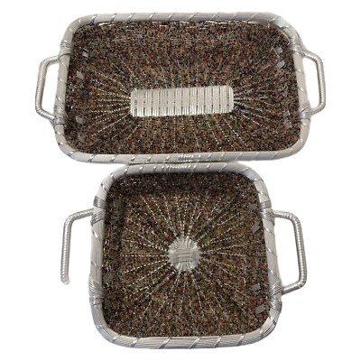 Decorative Tray Multi Bead Art Silver Metal Woven Basket Made In India ...