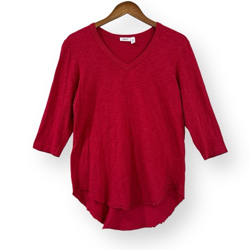 Wilt Small Red Slub Cotton V-Neck 3/4 Sleeve High-Low Raw Hem Top Made ...