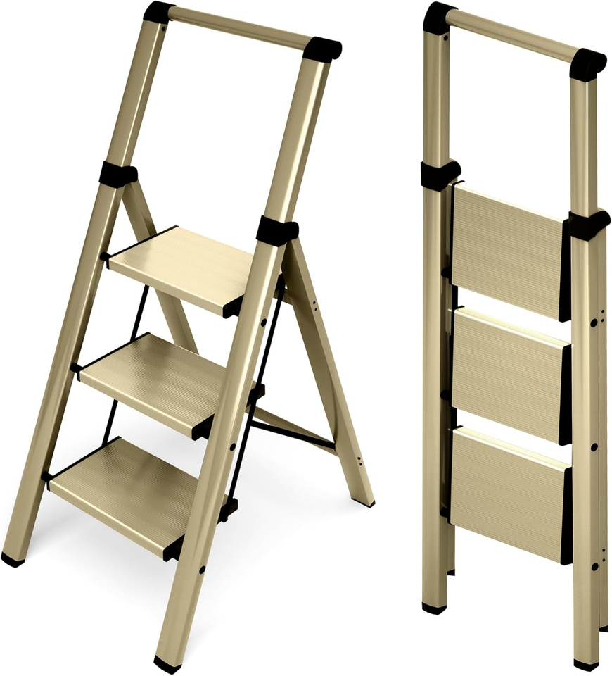 3 Step Foldable Aluminum Step Ladder with Handgrip, Anti-Slip Pedal ...