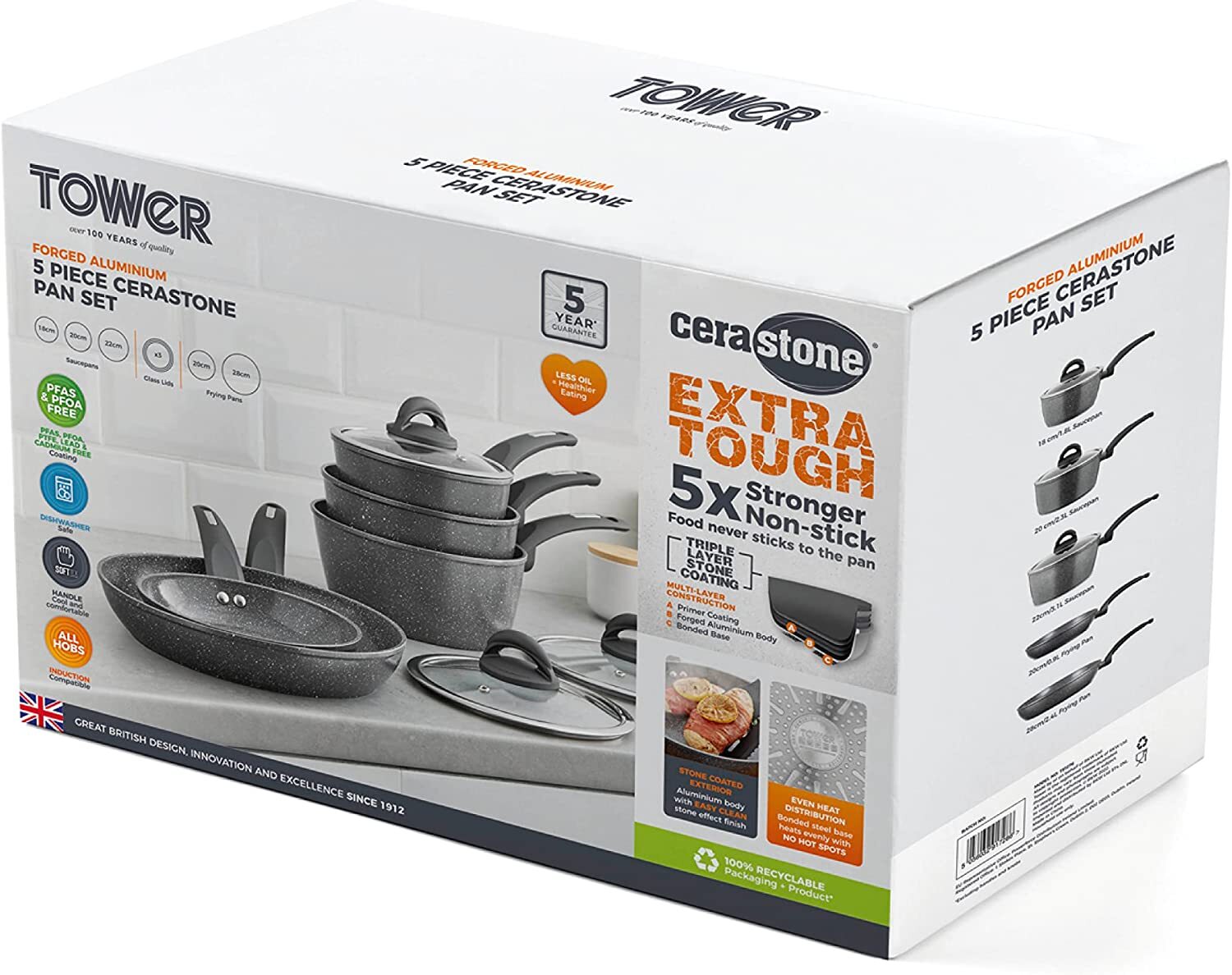 5pce Pan Set Tower T81276 Forged with Non Stick Cerastone Coating in ...