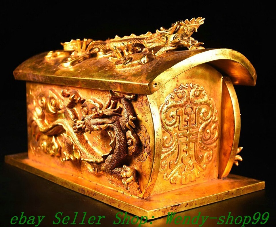 12" Antique Old Chinese Dynasty Copper 24 K Gold Dragon Phoenix Coffin ...