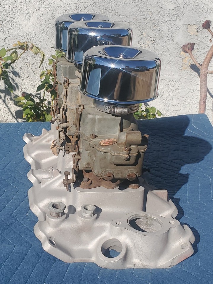 LOOK 50s 60s Hot Rod Edelbrock C 357 B Tripower 3x2 3 Carb Intake Setup ...