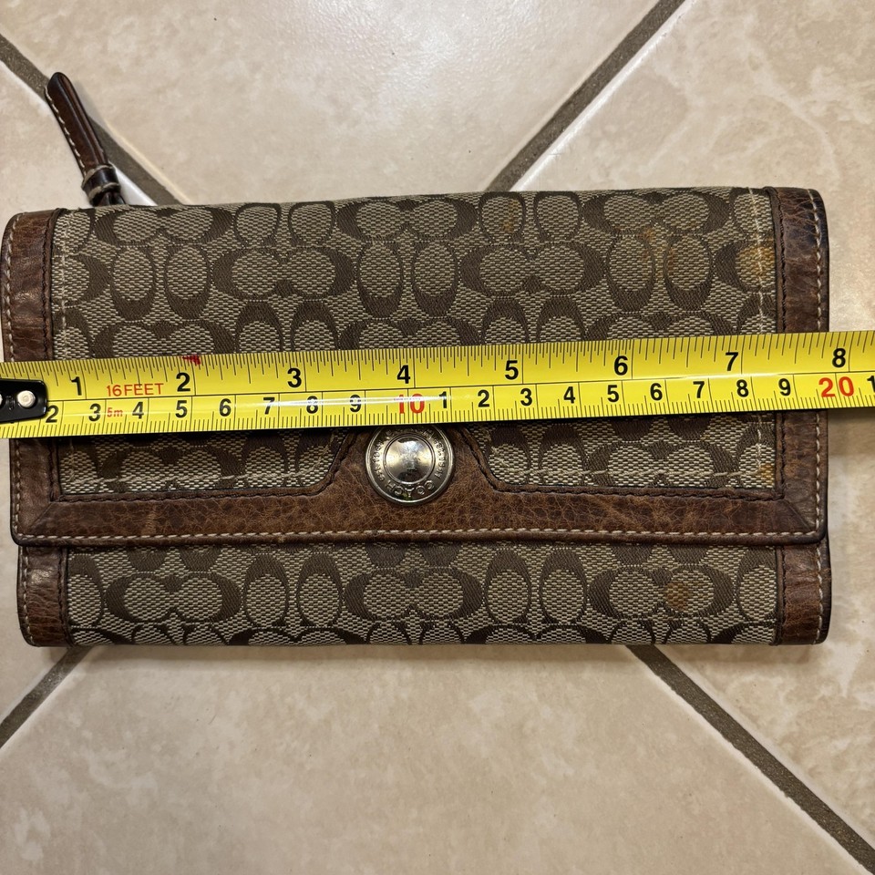 Coach Signature Wallet Womens Brown Canvas Leather Checkbook Clutch ...