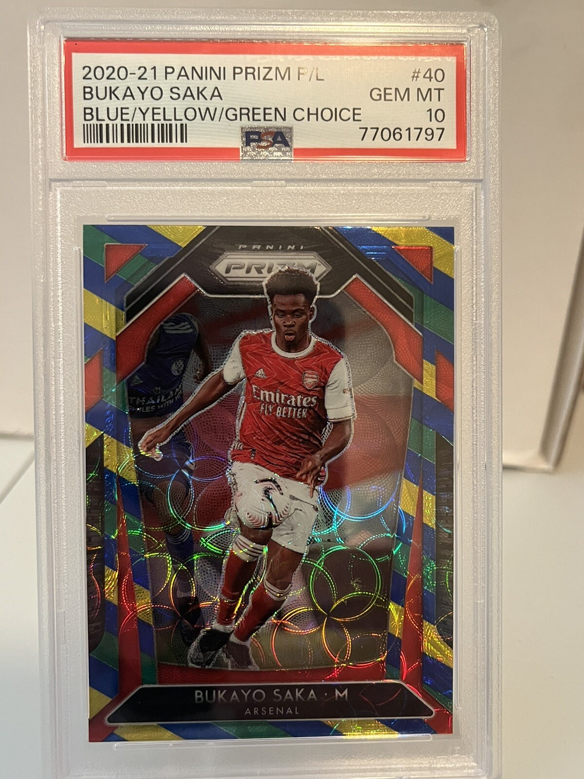 2020-21 Prizm EPL Bukayo Saka Blue/Yelkow/Green Choice PSA 10 Arsenal ...
