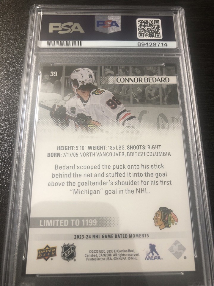 Connor Bedard MICHIGAN PSA 10 Rookie 2023-24 Upper Deck GAME DATED #39 ...