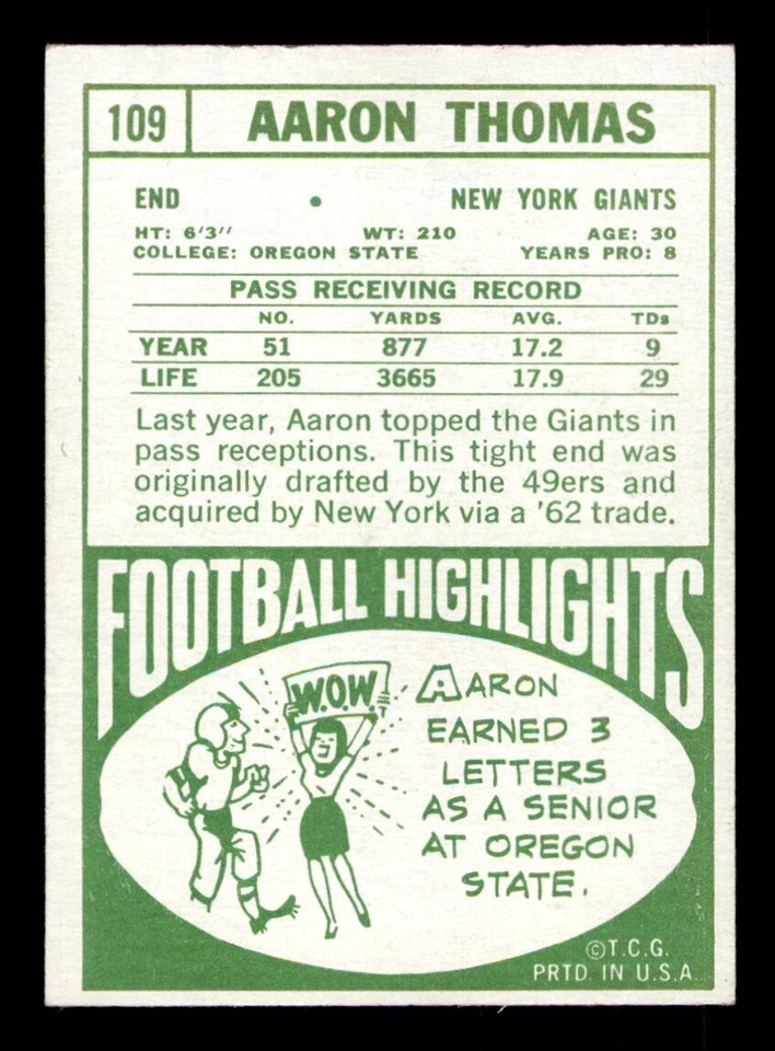 1968 Topps Football #109 Aaron Thomas EX/MT *e1 | eBay