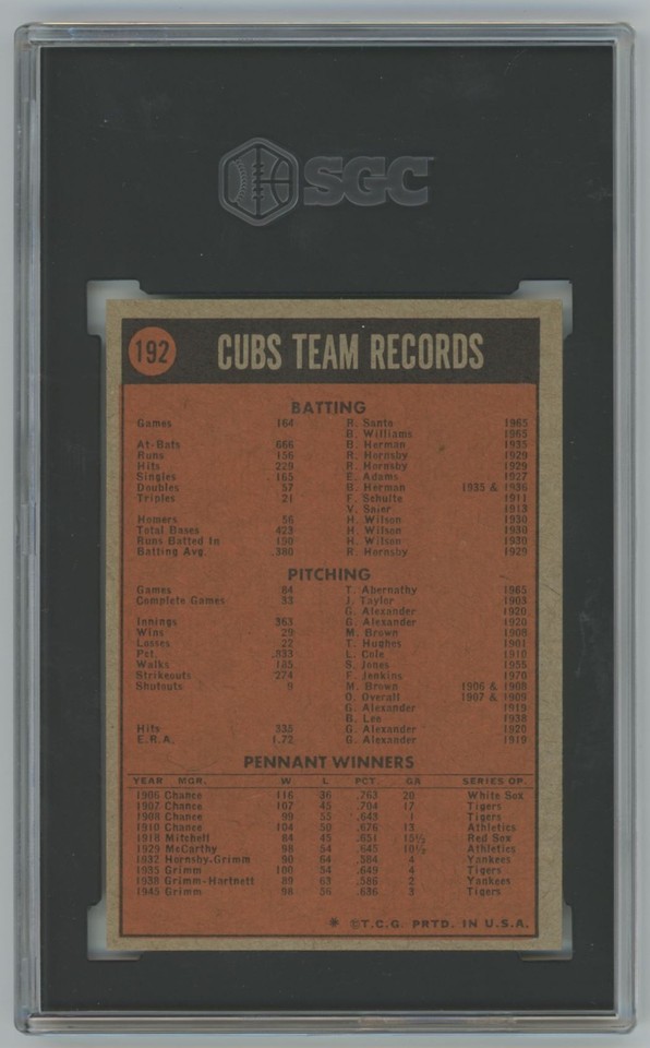 Chicago Cubs 1972 Topps Team Card Pop of 2! SGC 8.5 #192 Chicago Cubs ...