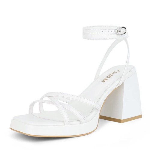 ISNOM White Platform Heels for Women Comfy Strappy Heels Short Block ...