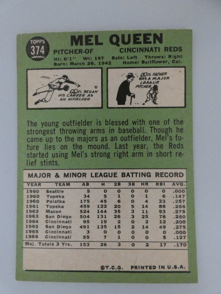 TOPPS 1967 BASEBALL CARD #374 MEL QUEEN | eBay