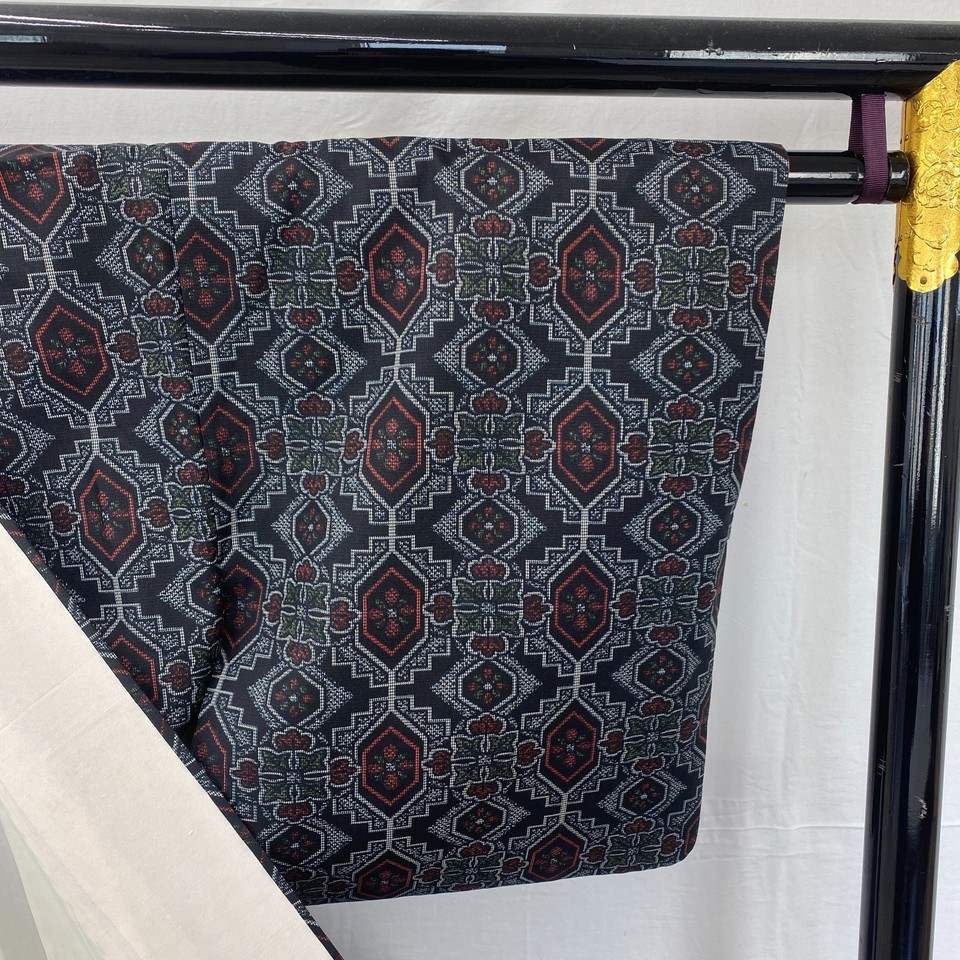 Japanese Vintage Kimono Silk Black Oshima Traditional Authentic Length ...