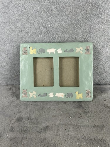 Pre-owned Carr Clay Kids Teal Cute Animals Double Picture Frame Holds 3 ...