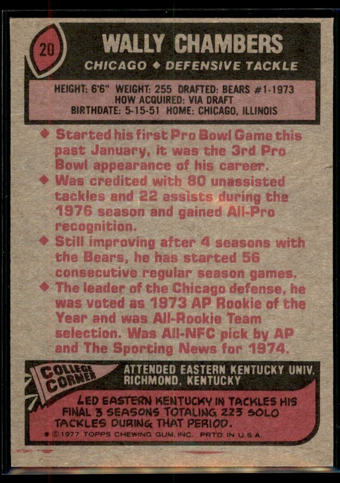 1977 Topps Wally Chambers Chicago Bears #20 | eBay