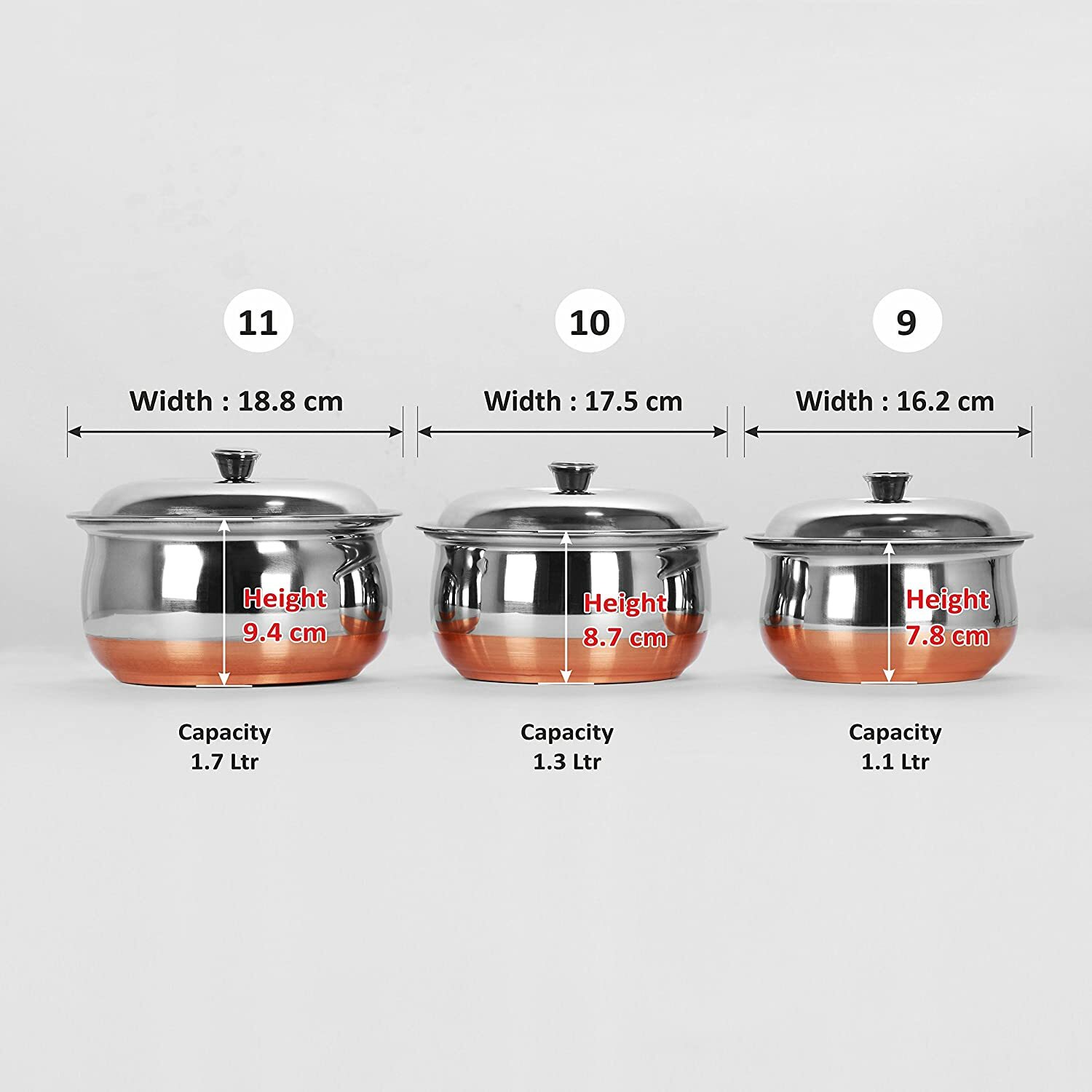 Stainless Steel Copper Bottom Handi Pot with Lid (Silver) - 3 Pcs Set ...