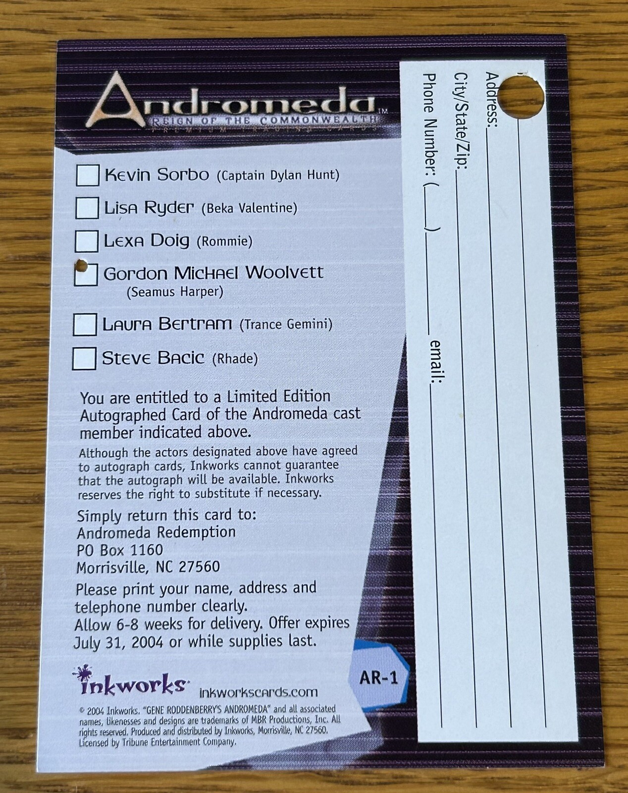 Andromeda ROTC Autograph Redemption Card AR-1 G. Michael Woolvett Clean ...