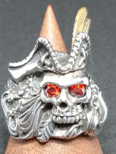 Silver 925 Skull Pirate Feather Red Zircon Eye Used | eBay