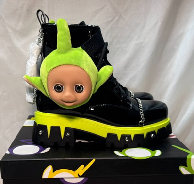 Dipsy Teletubbies Ankle Boots UK 4 / 37 Black Patent Chain Goth Chunky ...