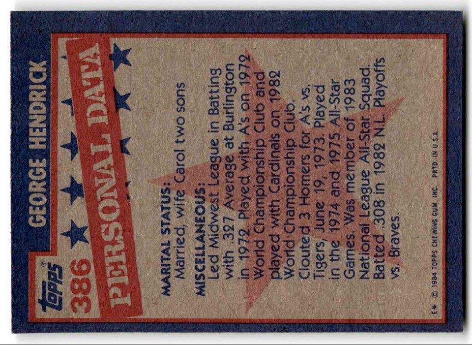 1984 Topps George Hendrick St. Louis Cardinals #386 | eBay